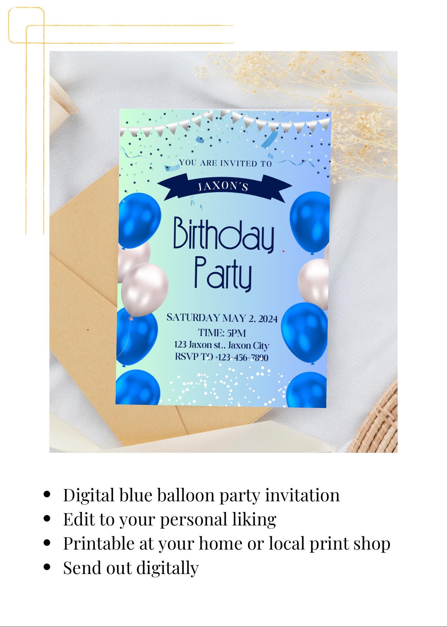 Digital Blue Balloons Birthday Party Invitation Template (editable ...