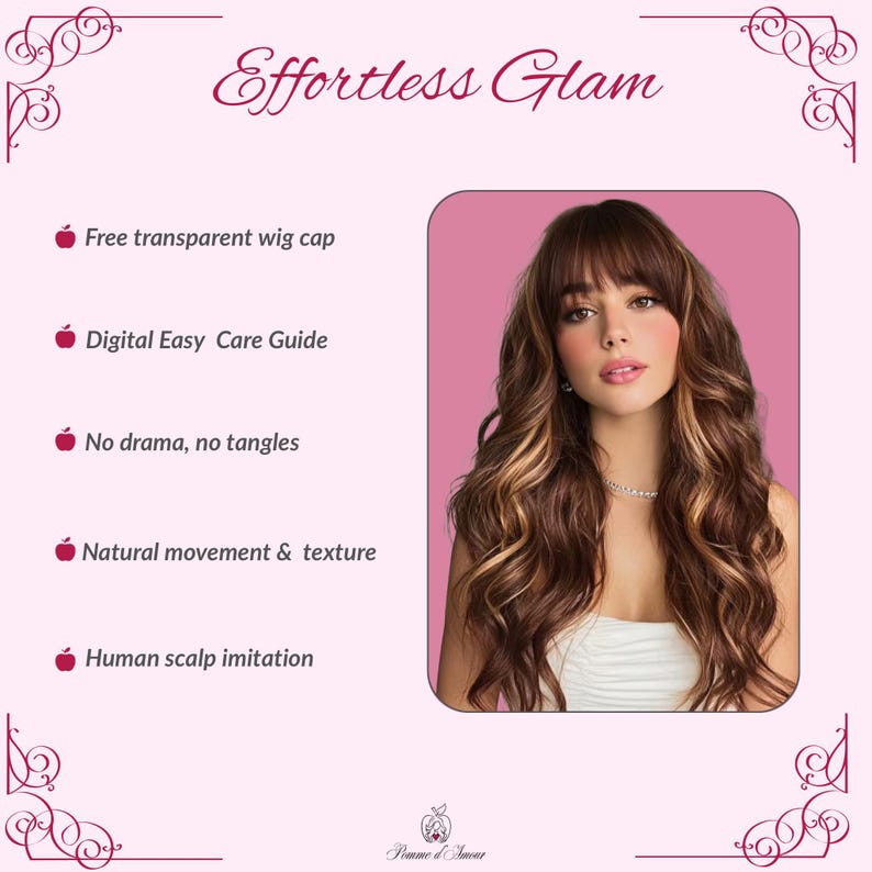 Long Wavy Auburn Wig With Curtain Bangs: Heat Resistant Synthetic Hair ...
