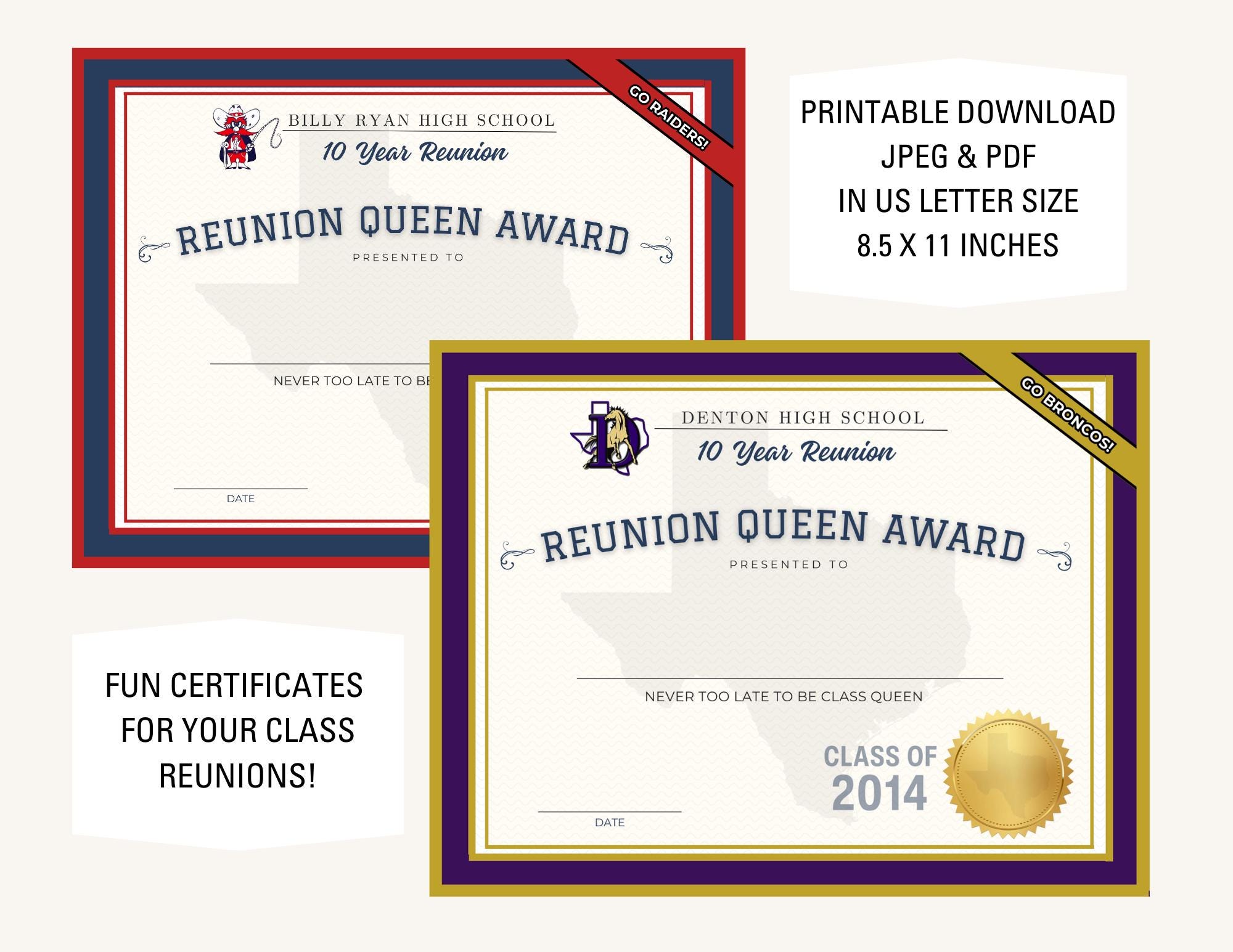 10 Year Class Reunion Award Certificate REUNION QUEEN, Customizable ...