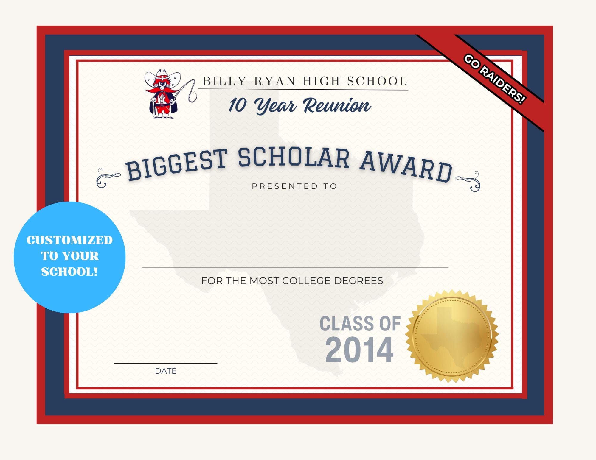 10 Year Class Reunion Award Certificate BIGGEST SCHOLAR, Customizable ...