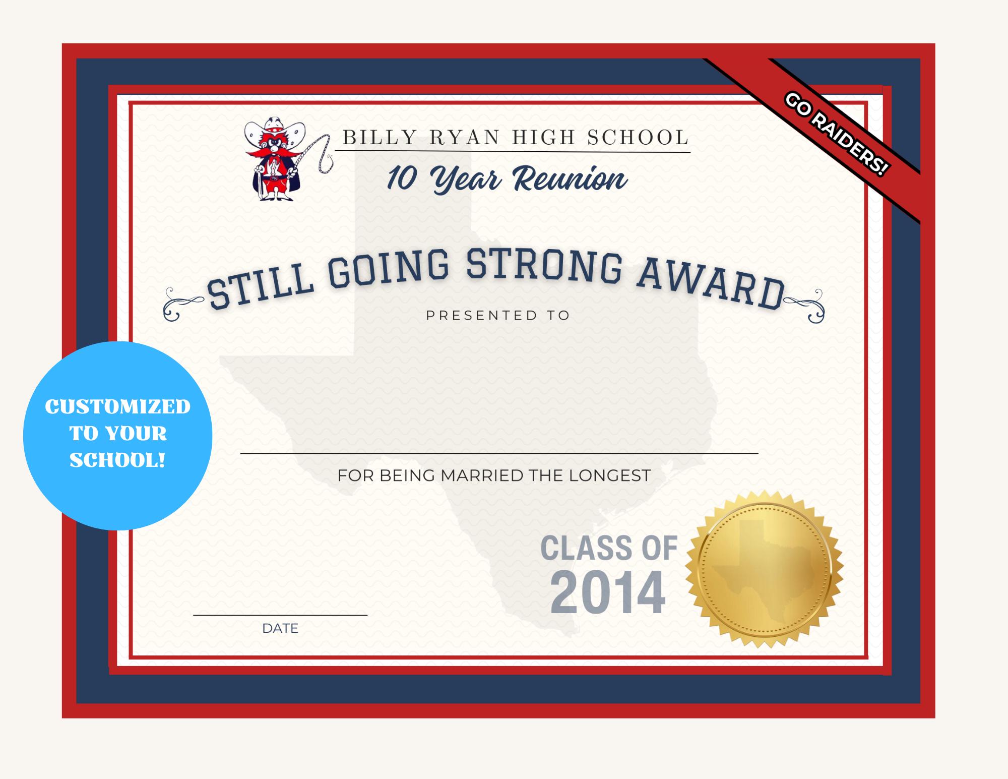 10 Year Class Reunion Award Certificate MARRIED LONGEST, Customizable ...