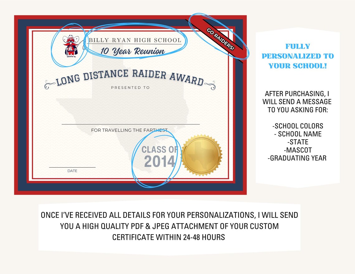 10 Year Class Reunion Award Certificate LONGEST DISTANCE, Customizable ...