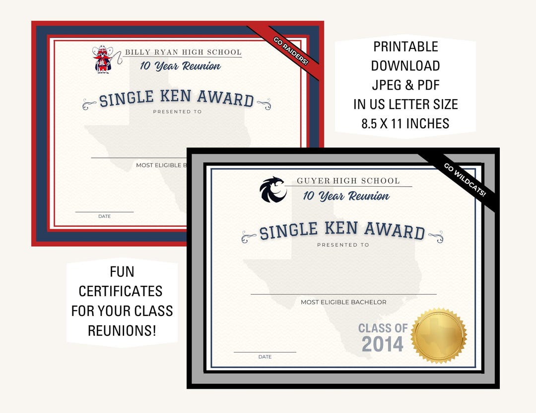 10 Year Class Reunion Award Certificate SINGLE KEN, Customizable ...