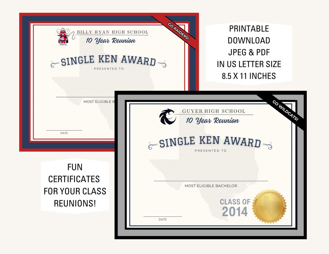 10 Year Class Reunion Award Certificate SINGLE KEN, Customizable ...