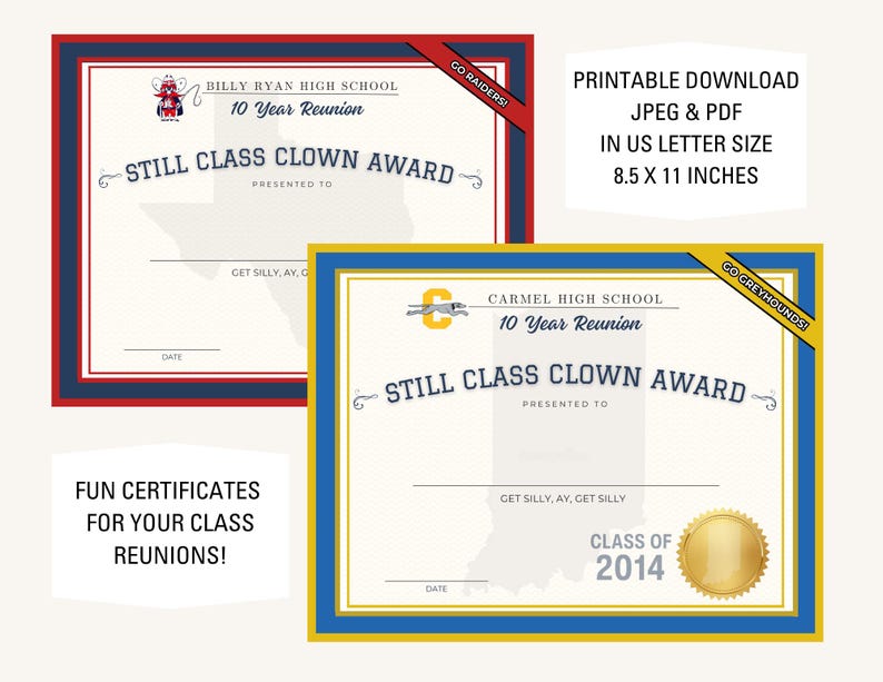 10 Year Class Reunion Award Certificate CLASS CLOWN, Customizable ...