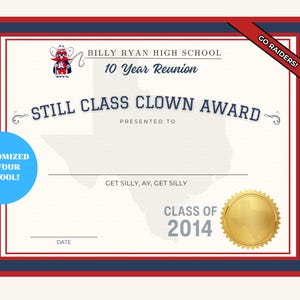 10 Year Class Reunion Award Certificate CLASS CLOWN, Customizable ...