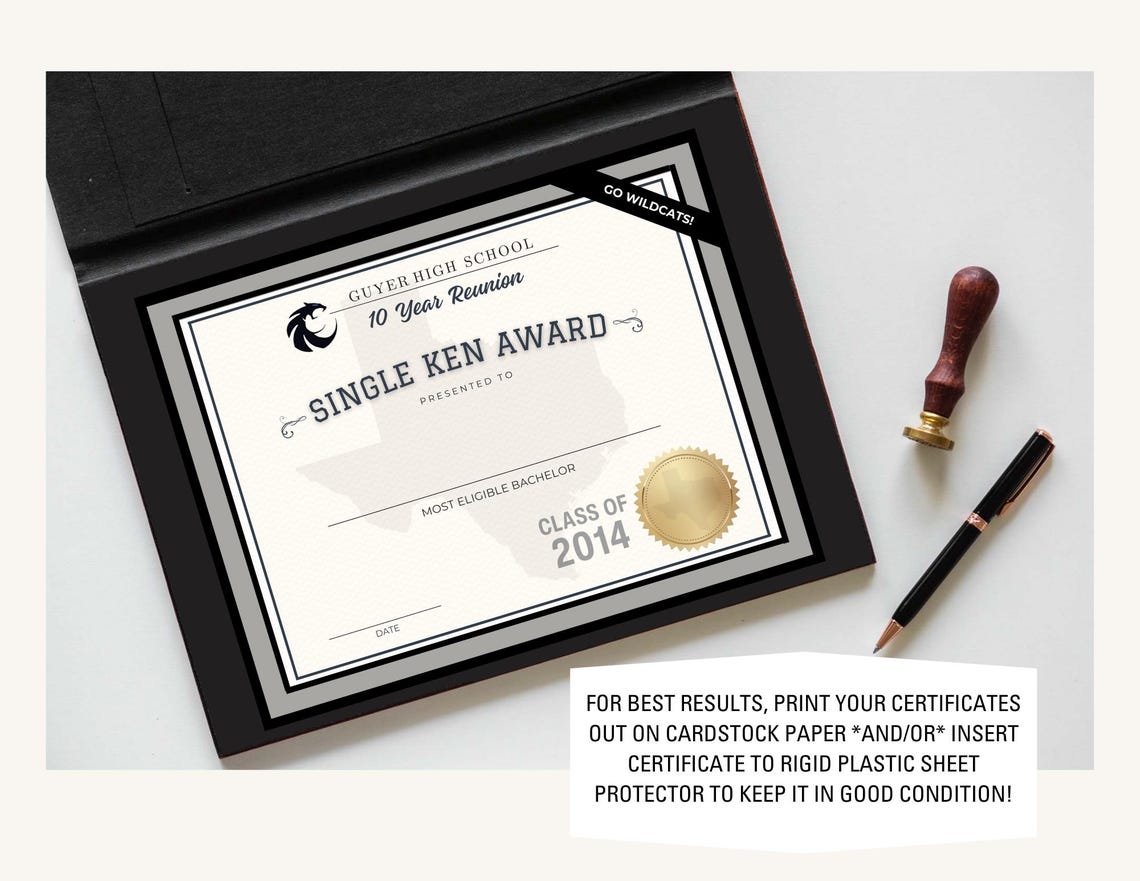 10 Year Class Reunion Award Certificate SINGLE KEN, Customizable ...