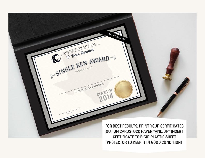 10 Year Class Reunion Award Certificate SINGLE KEN, Customizable ...