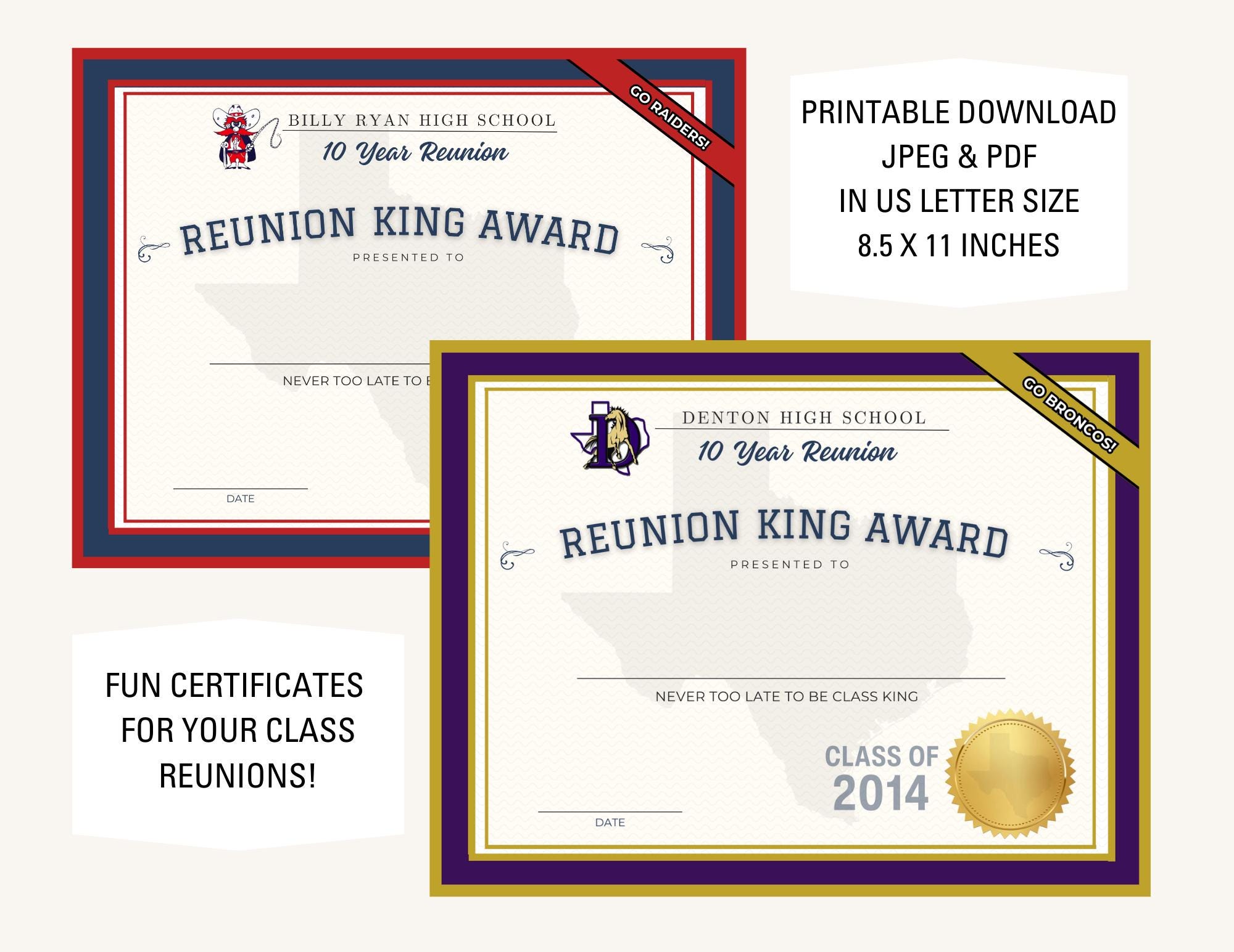 10 Year Class Reunion Award Certificate REUNION KING, Customizable ...