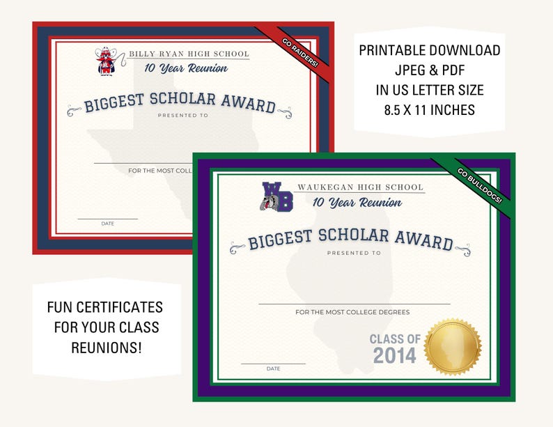 10 Year Class Reunion Award Certificate BIGGEST SCHOLAR, Customizable ...