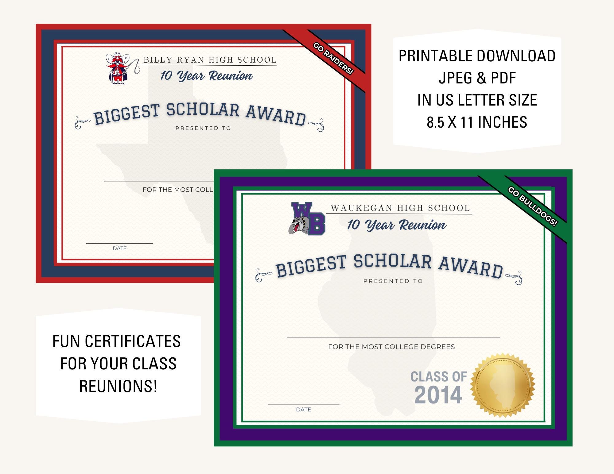 10 Year Class Reunion Award Certificate BIGGEST SCHOLAR, Customizable ...