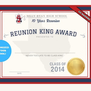 10 Year Class Reunion Award Certificate REUNION KING, Customizable ...