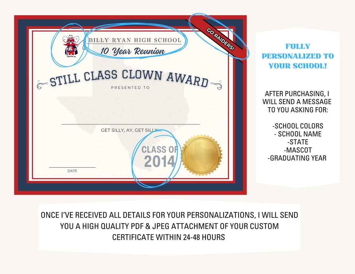 10 Year Class Reunion Award Certificate CLASS CLOWN, Customizable ...