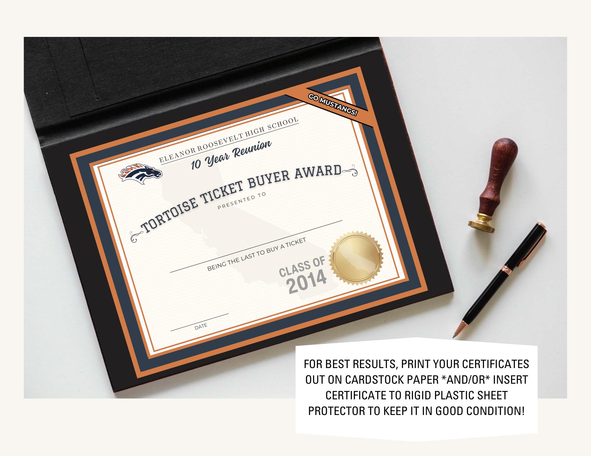 10 Year Class Reunion Award Certificate LAST to Buy TICKET ...