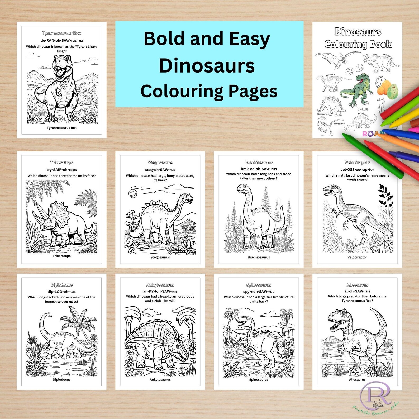Dinosaur Coloring Pages for Kids: 20 Easy Printable Sheets (digital ...