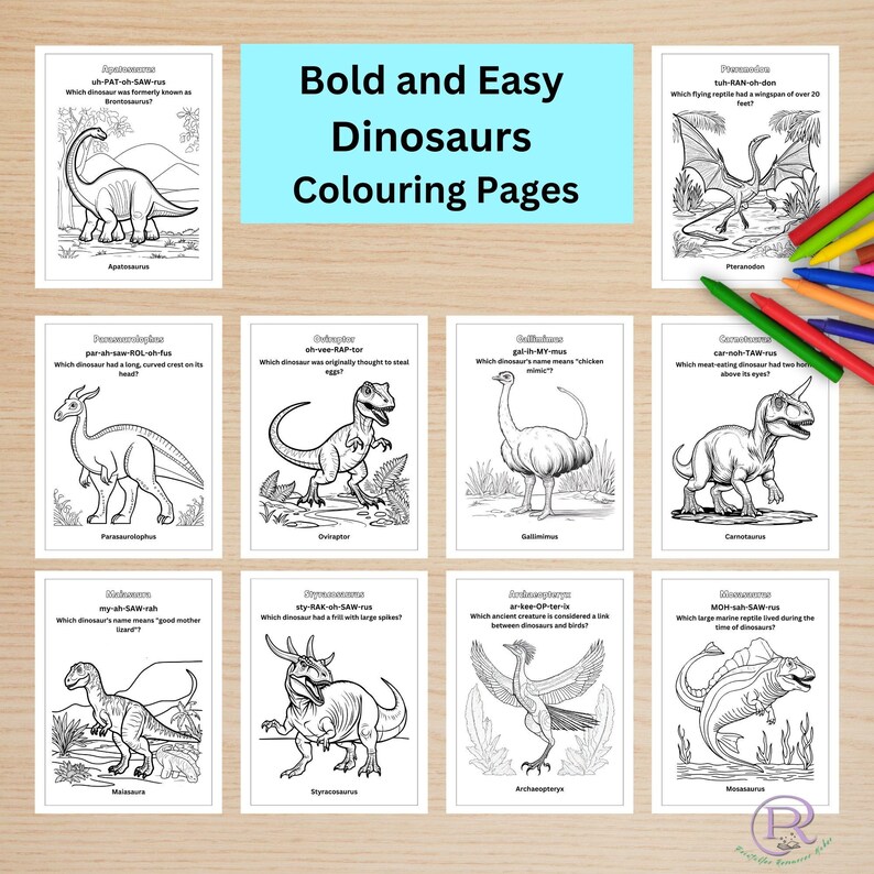 Dinosaur Coloring Pages for Kids: 20 Easy Printable Sheets (digital ...