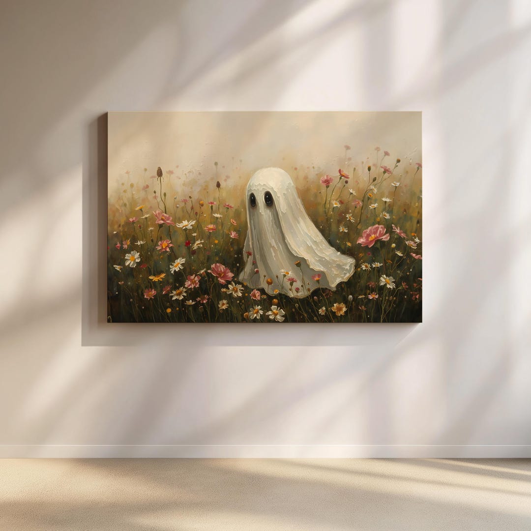 Vintage Ghost Canvas, Vintage Cute Ghosts in Wildflower Meadow Canvas ...