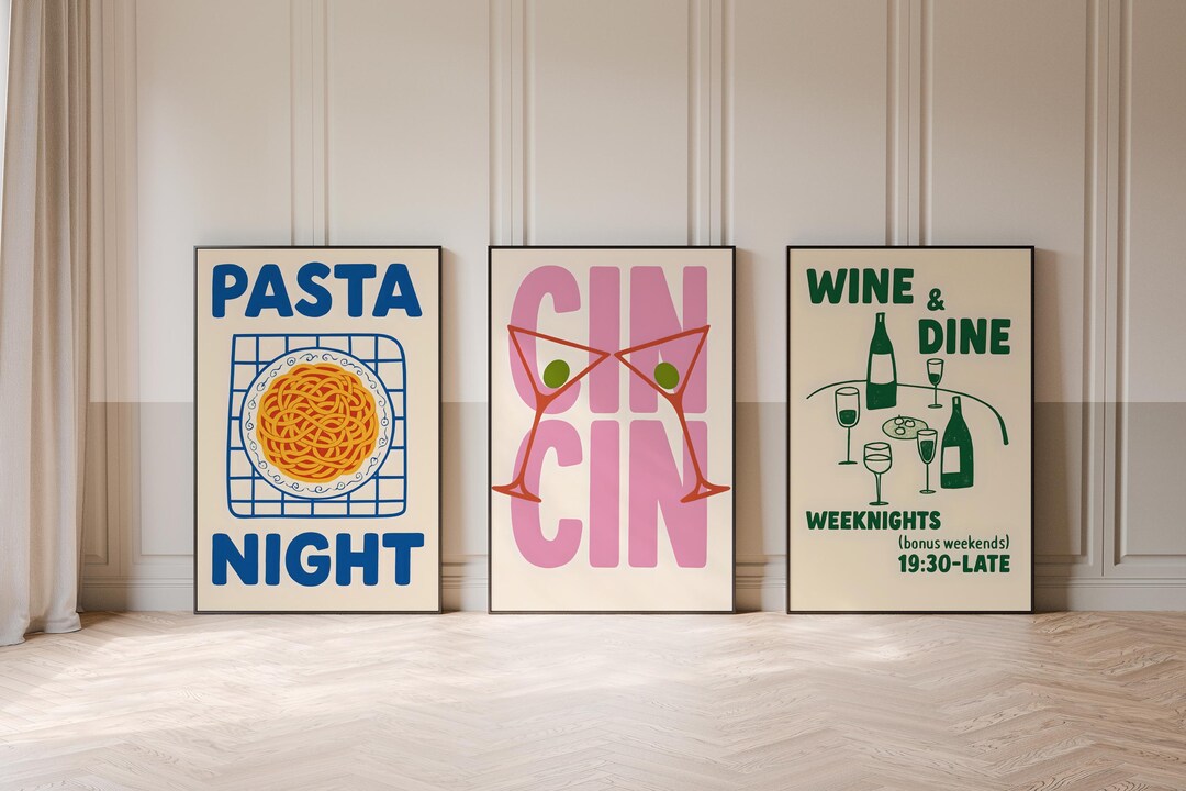 Pasta Print 3 Piece Wall Art Set Cheers Print | Martini Poster ...