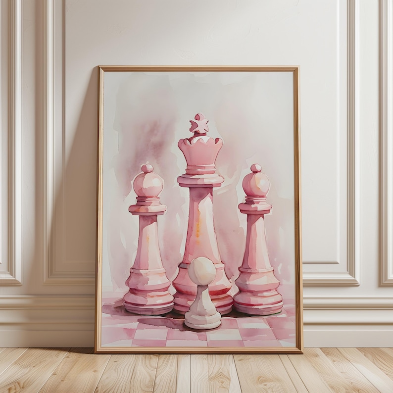 Pink Chess Queen Watercolor Print: Chessboard Wall Art (digital ...