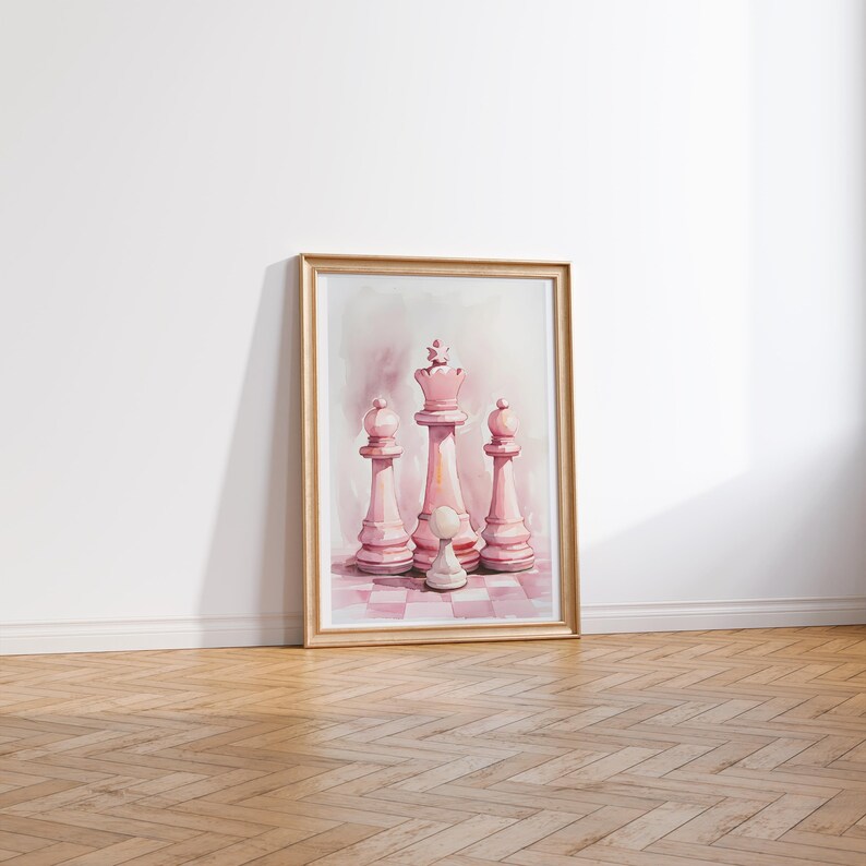 Pink Chess Queen Watercolor Print: Chessboard Wall Art (digital ...
