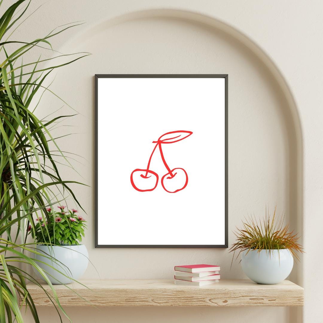 Red Cherry Line Art Print | Minimalist Digital Wall Art | Modern Home ...