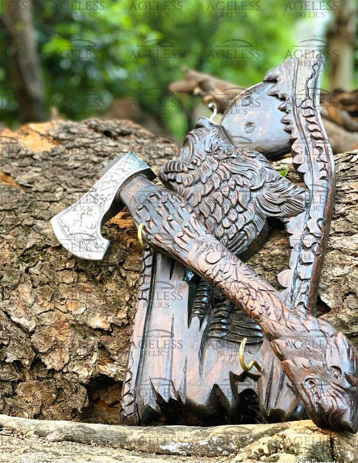 Handcarved Fenrir-style Wall Stand With Fenrir-style Axe re-enactment ...