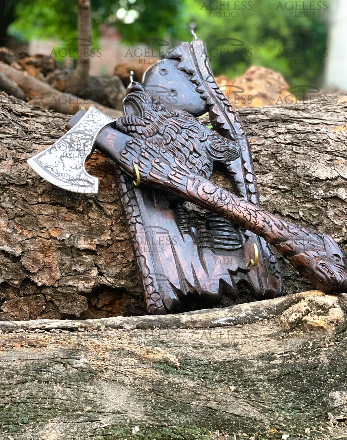 Handcarved Fenrir-style Wall Stand With Fenrir-style Axe re-enactment ...