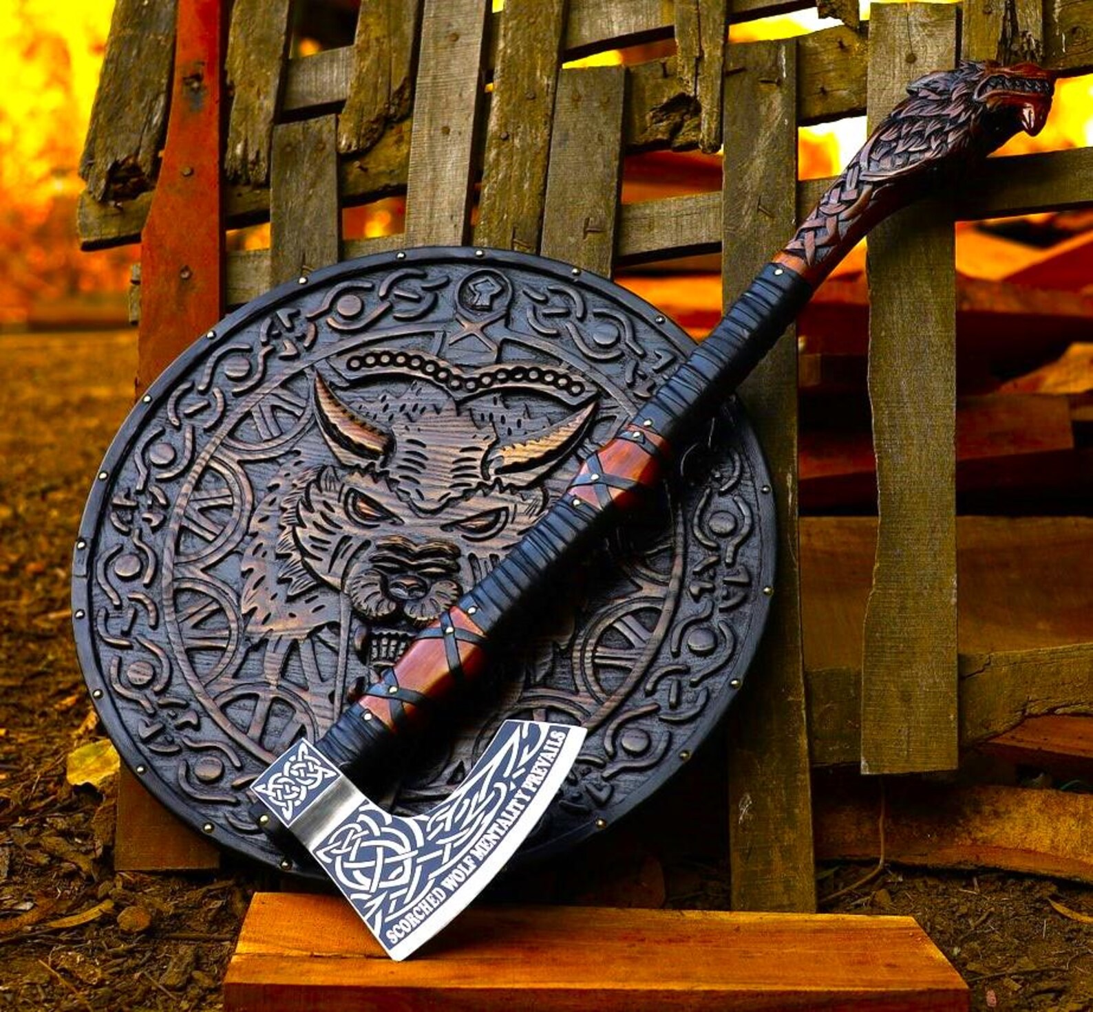 Medieval Viking Fenrir Shield & Axe Set – Handcrafted Viking Round Wolf Shield With Carved Wood ...