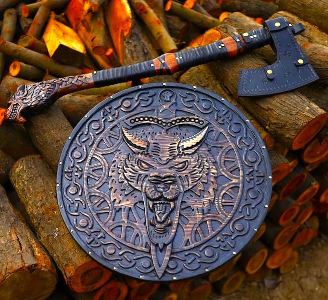 Medieval Viking Fenrir Shield & Axe Set Handcrafted Viking Round Wolf Shield With Carved Wood ...