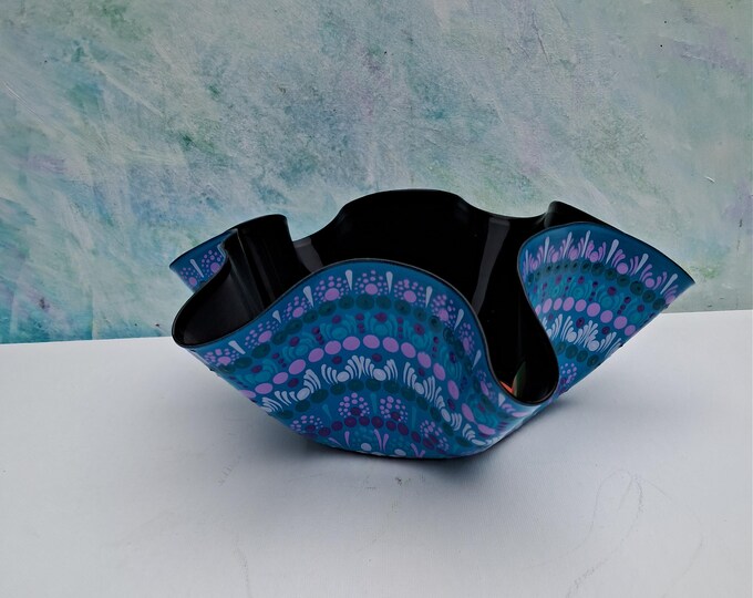 Hand Painted Melted Vinyl Record Bowl: Mandala Dot Art, Teal Background ...