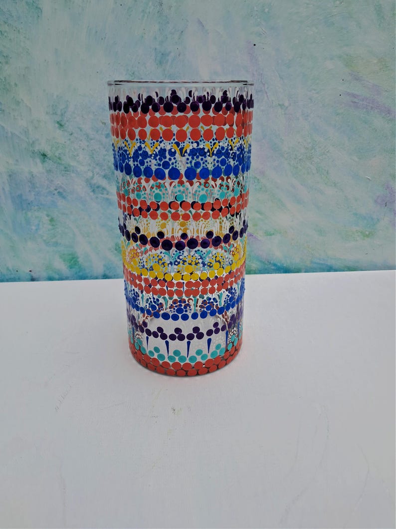 Hand Painted Mandala Glass Vase: Colorful Dot Art, 7.25