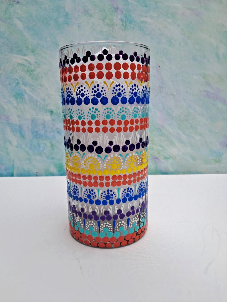 Hand Painted Mandala Glass Vase: Colorful Dot Art, 7.25