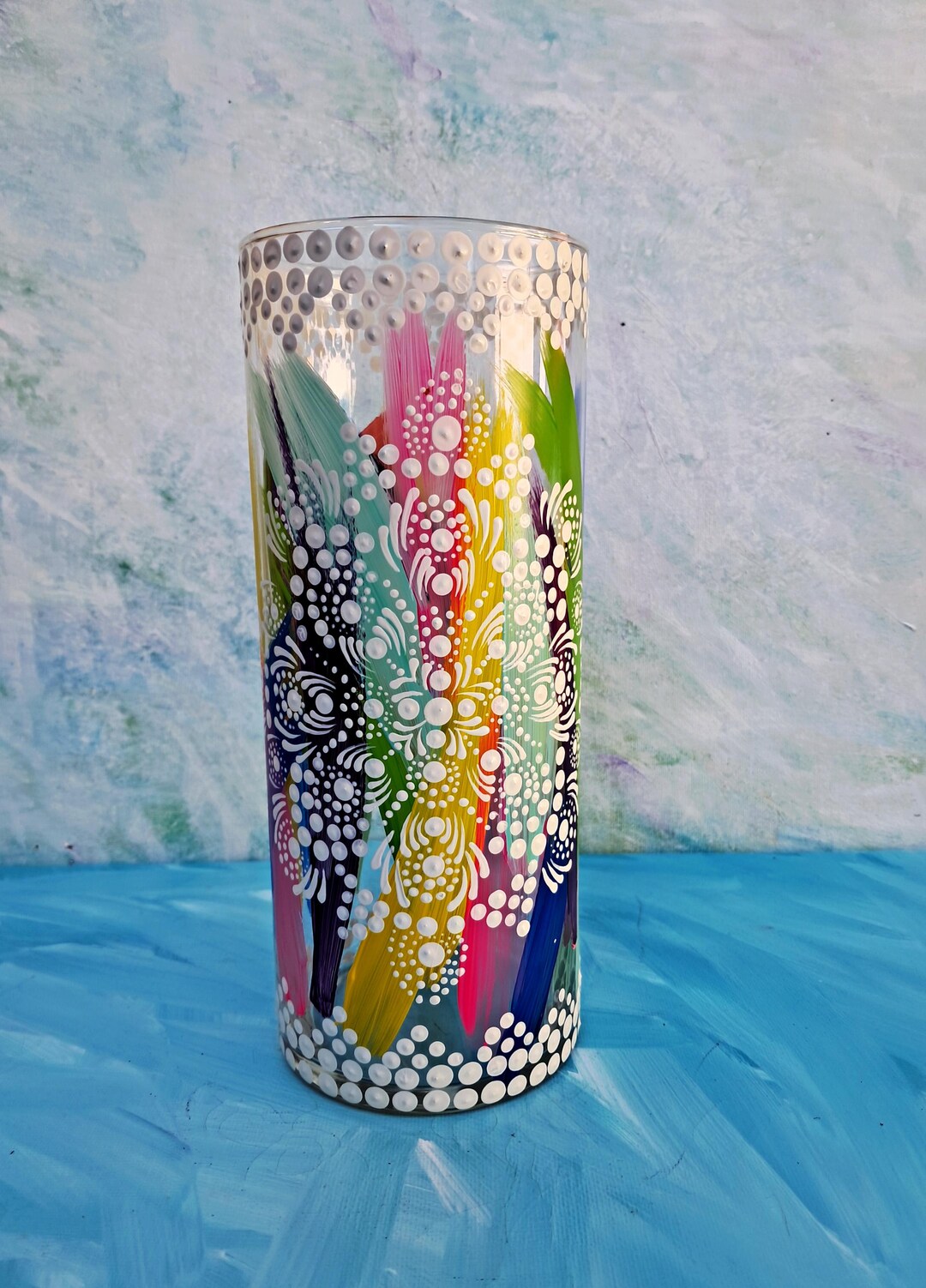 Hand Painted Glass Vase: Mandala Art, Streaks of Color, Dot Painting in ...
