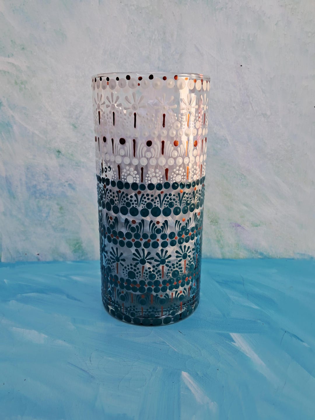 Hand Painted Mandala Glass Vase: Teal. White, and Touches of Copper ...