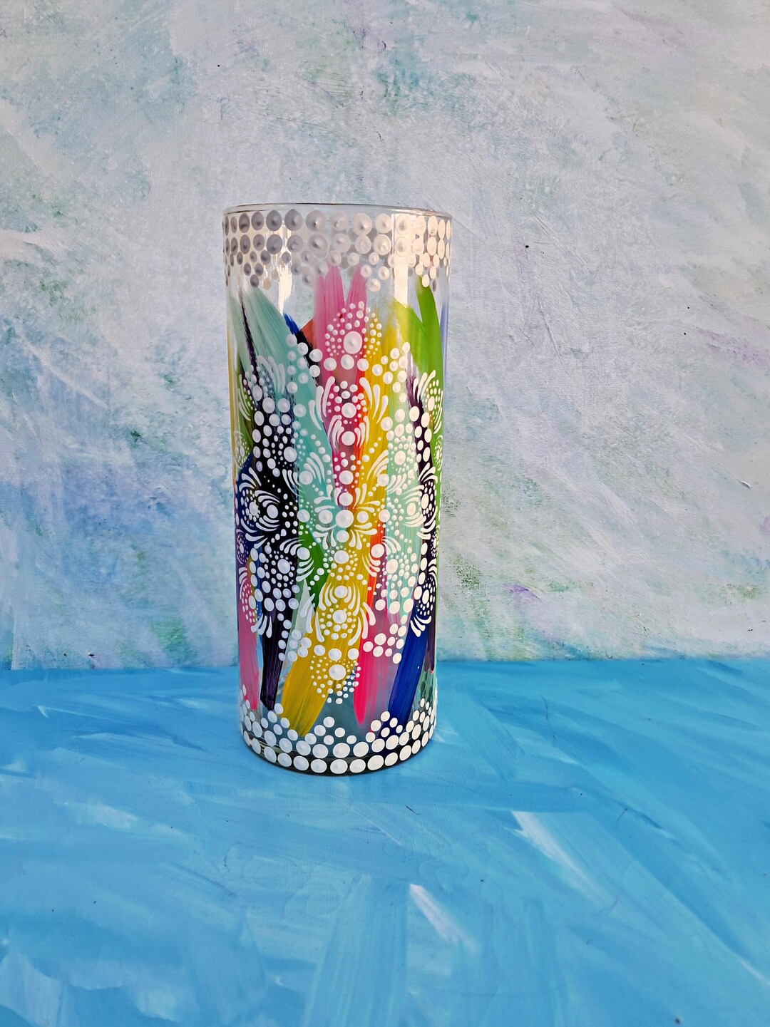 Hand Painted Glass Vase: Mandala Art, Streaks of Bright Colors, Dot ...