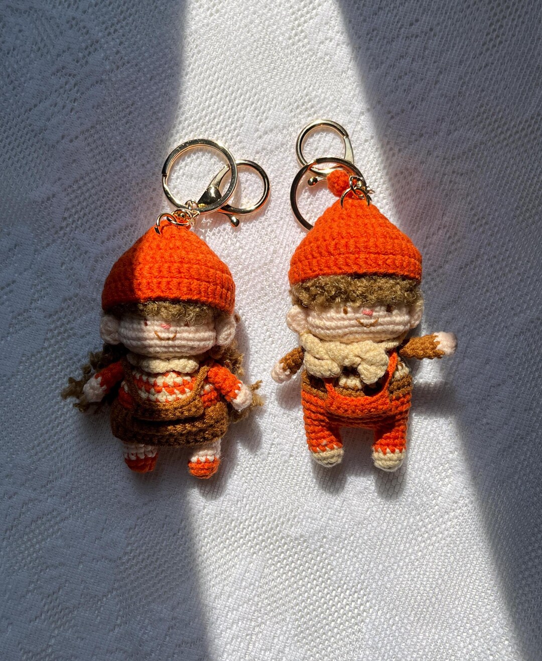 Orange Curly-haired Crochet Couple Keychain, Ornaments, Handmade Doll ...