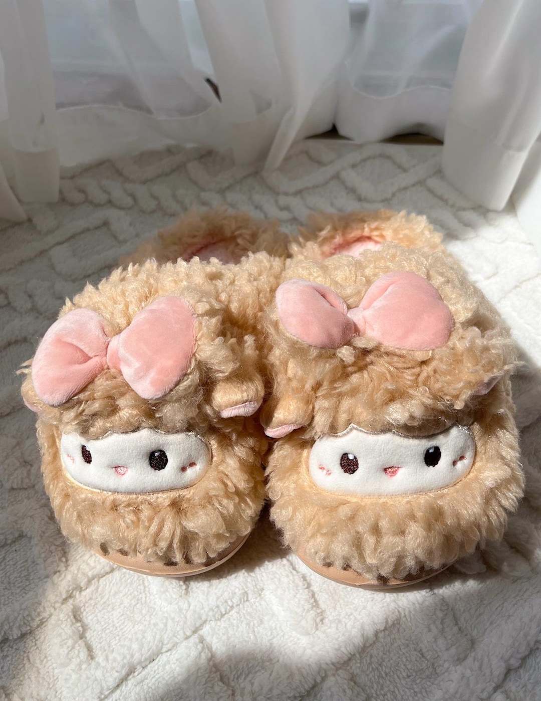 Cute Fluffy Little Girl Face Pink Bow Slippers, Cozy Winter Plush Home ...