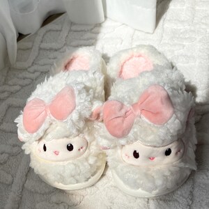 Cute Fluffy Little Girl Face Pink Bow Slippers, Cozy Winter Plush Home ...
