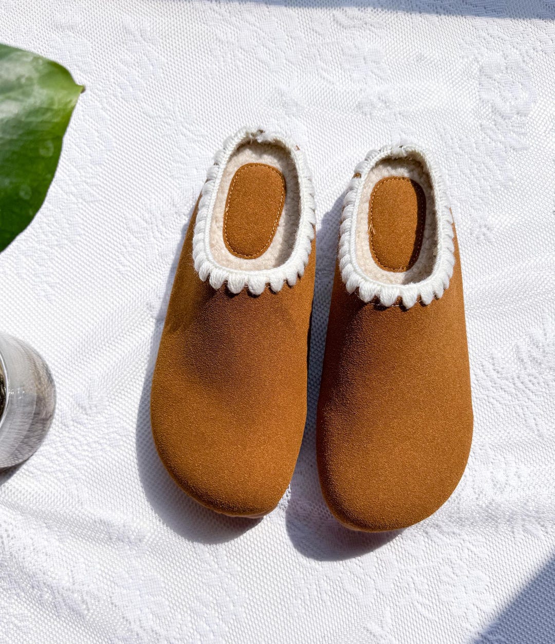 Brown Suede Wool Fur Lined Clogs Slipper Shoes, Handmade Fluffy ...