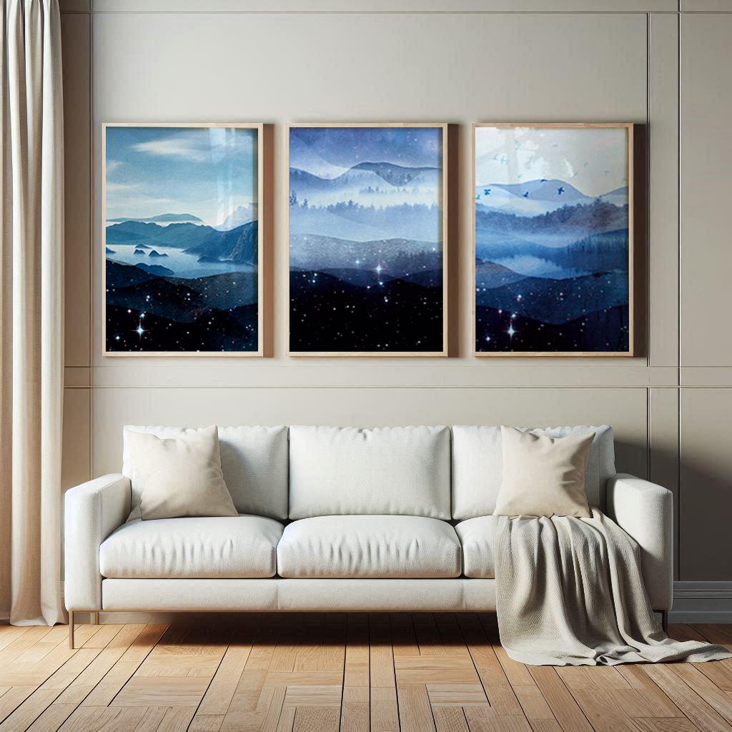 Rustic Mountain Night Sky Triptych - Handcrafted Wooden Frame Wall Art ...