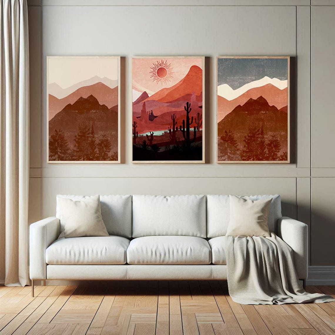 Desert Sunset Triptych - Wooden Framed Mountain and Cactus Landscape ...