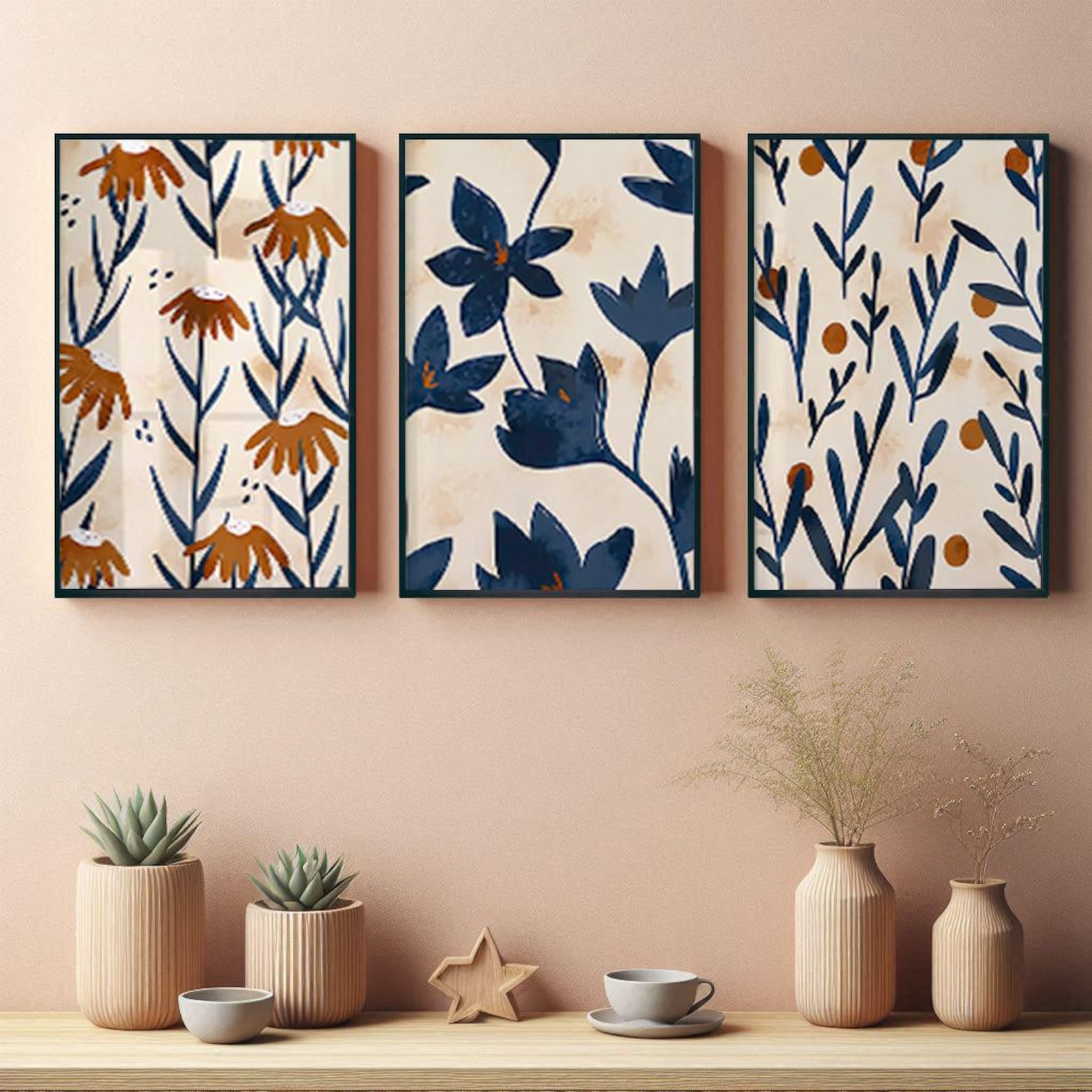 Botanical Triptych Wall Art Set - Blue & Orange Floral Illustrations With Wooden Framed Wall Art ...