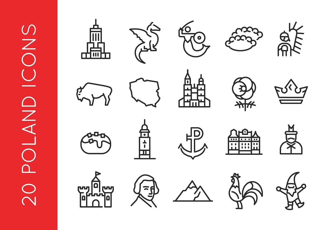 Poland Icons. Set of 20 Iconic Symbols Representing Poland. Palace of ...
