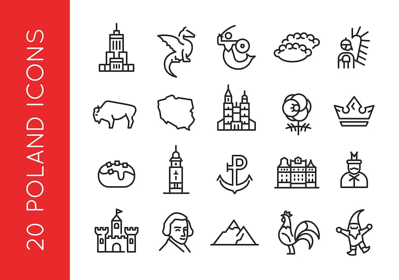 Poland Icons. Set of 20 Iconic Symbols Representing Poland. Palace of ...