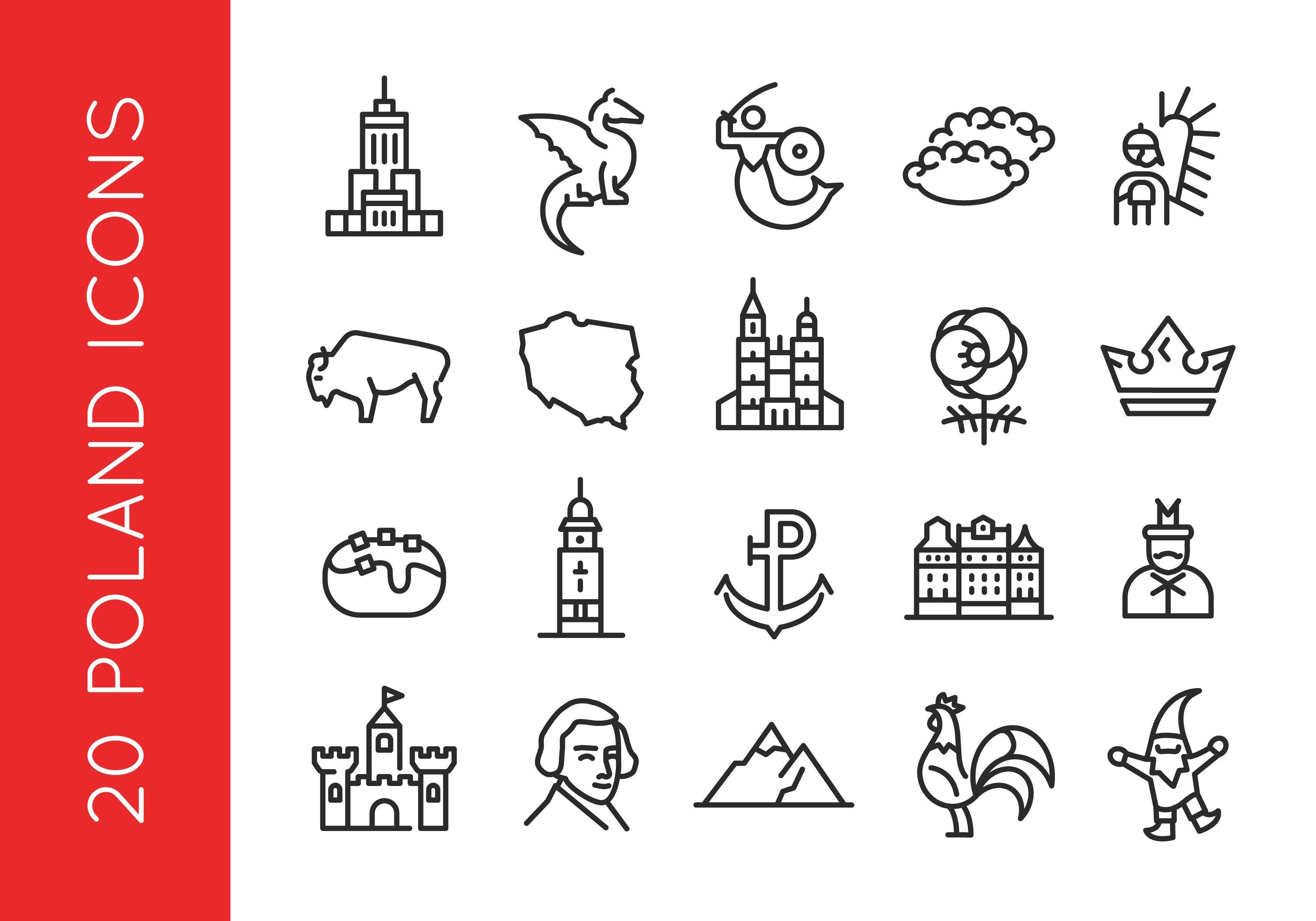 Poland Icons. Set of 20 Iconic Symbols Representing Poland. Palace of ...