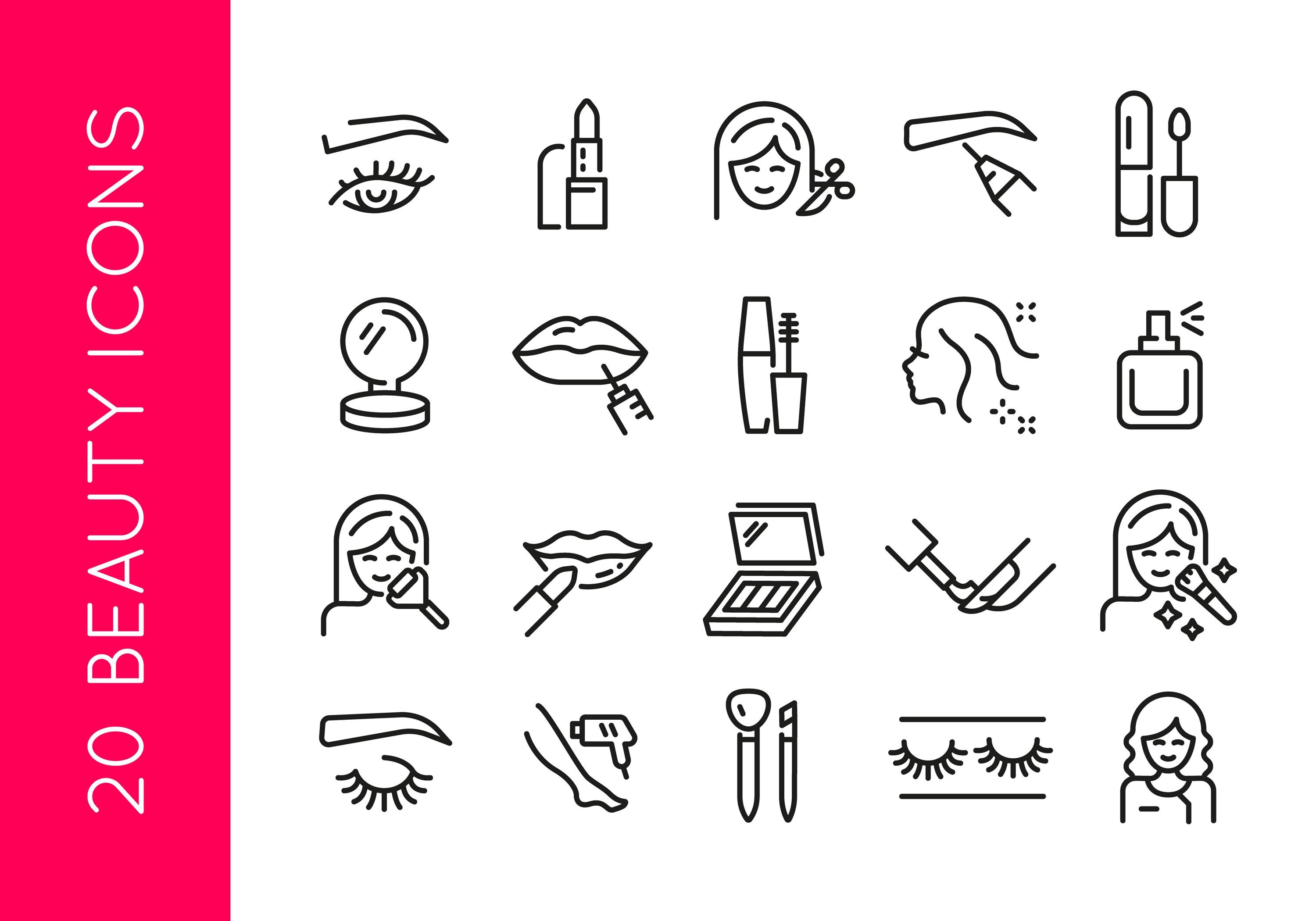 Set of 20 Beauty Trendy Minimal Icons. Example: Eye, Lipstick, Haircut ...