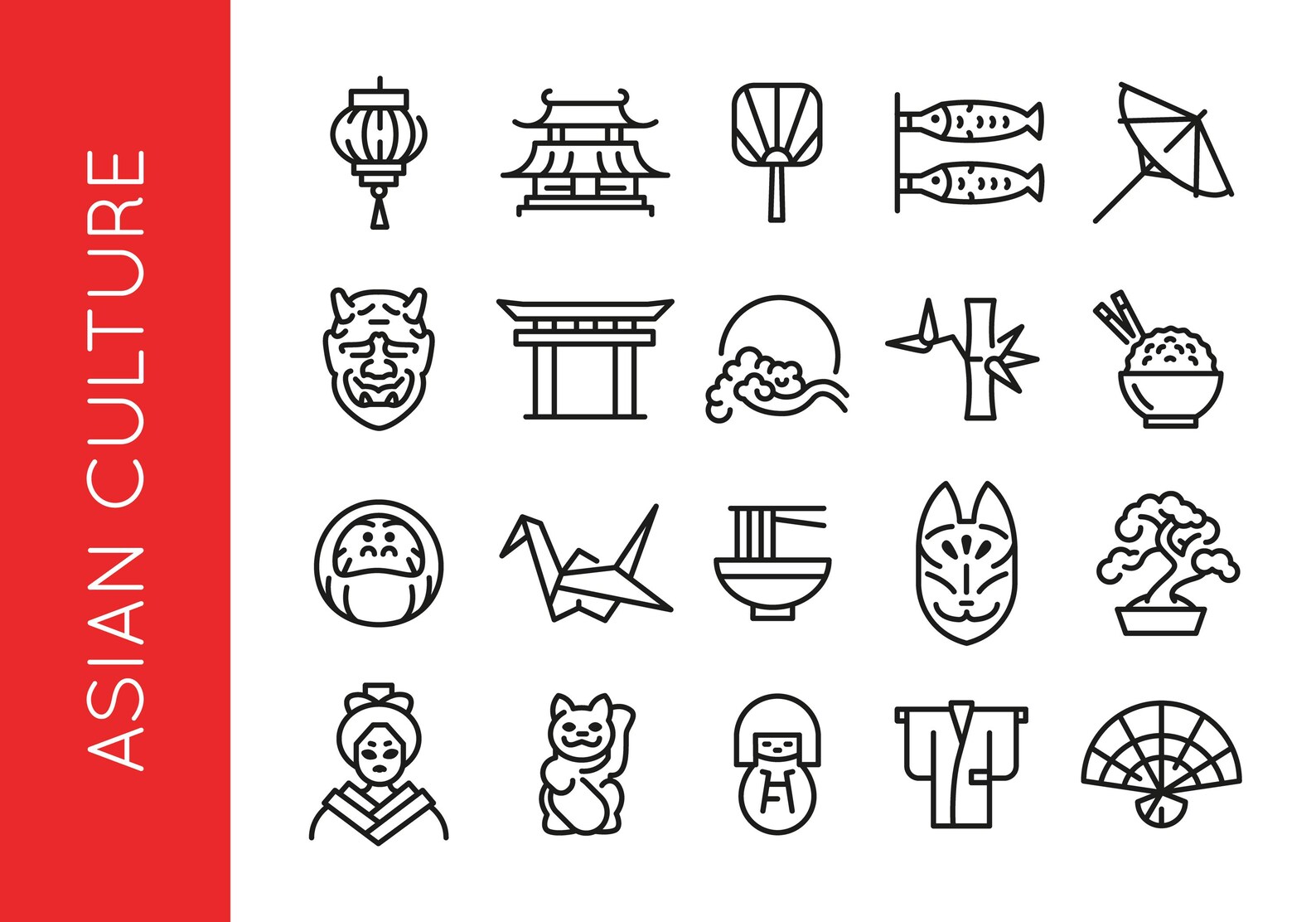 Asian Culture Icons. Set of 20 Asian Culture-themed Trendy Minimal ...