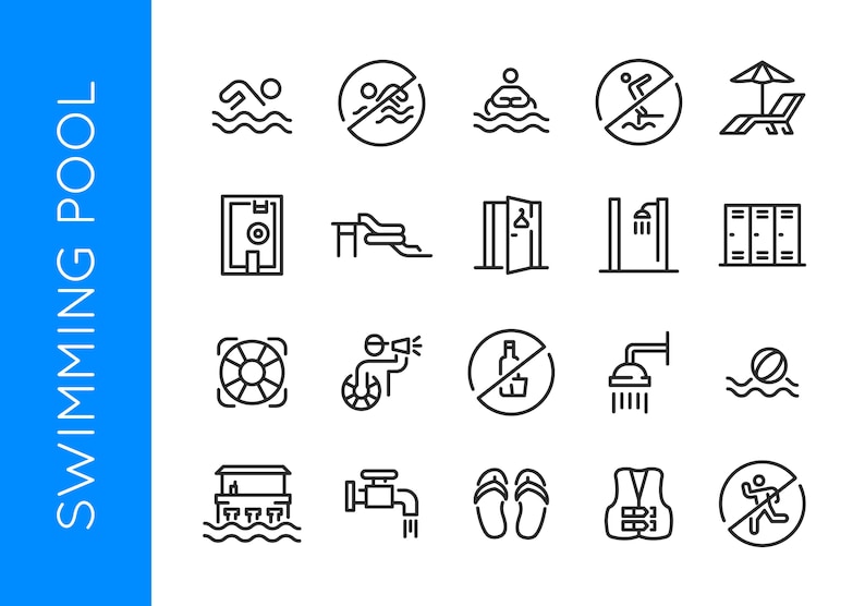 Swimming Pool Icons. Set of 20 Pool and Recreational Facility Minimal ...