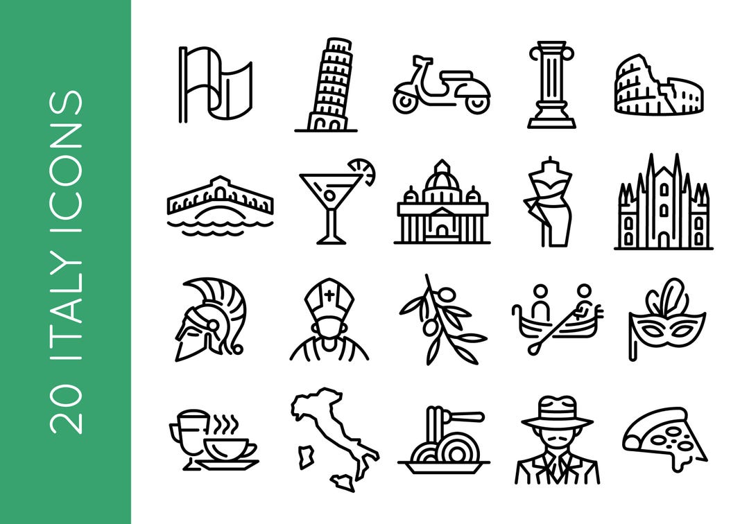 Italy Icons. Set of 20 Italy-themed Icons. Colosseum, Leaning Tower of ...
