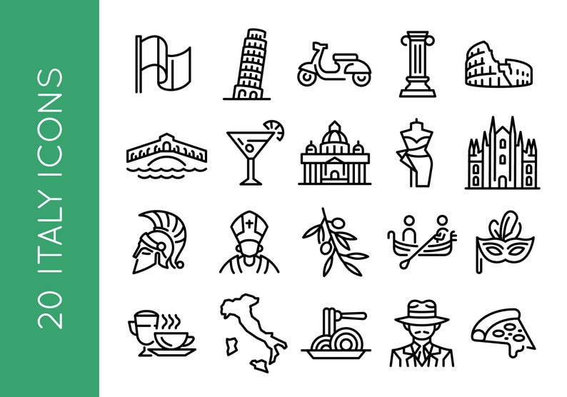 Italy Icons. Set of 20 Italy-themed Icons. Colosseum, Leaning Tower of ...